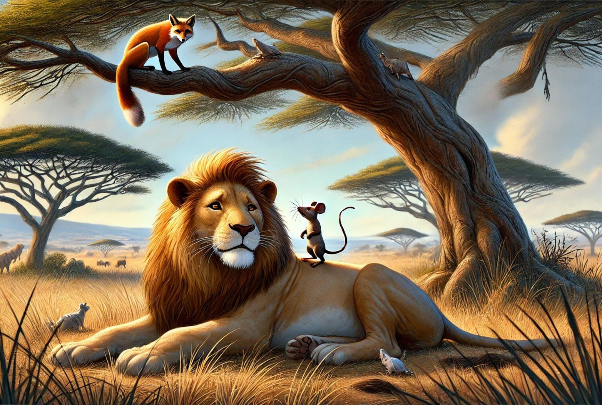 Fábula para niños de El León, la zorra y el ratón