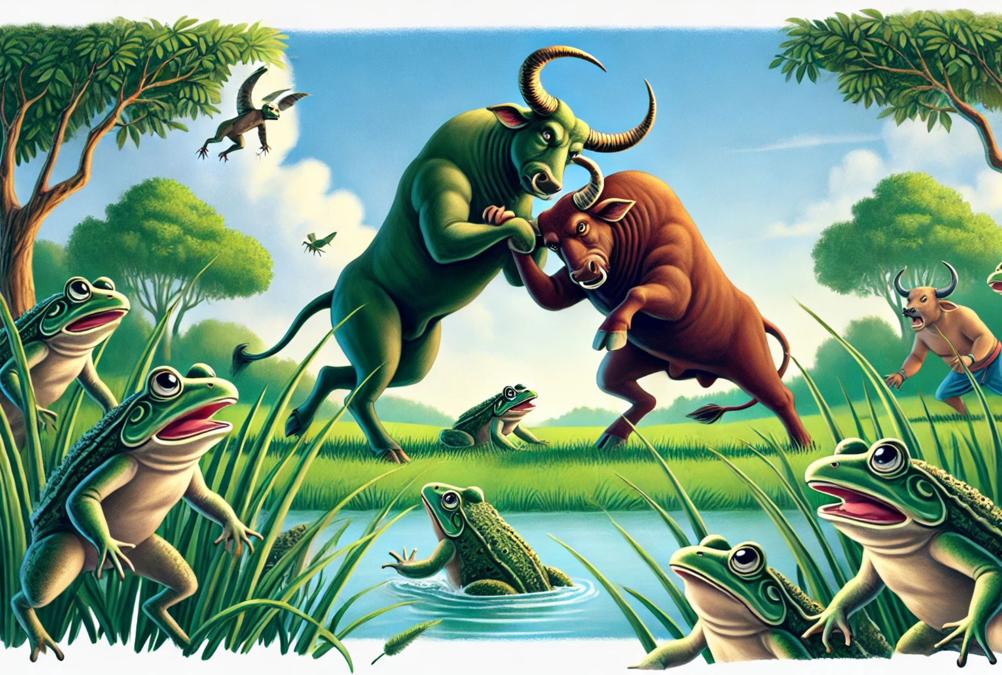 Fábula para niños de Fedro: Los toros y las ranas