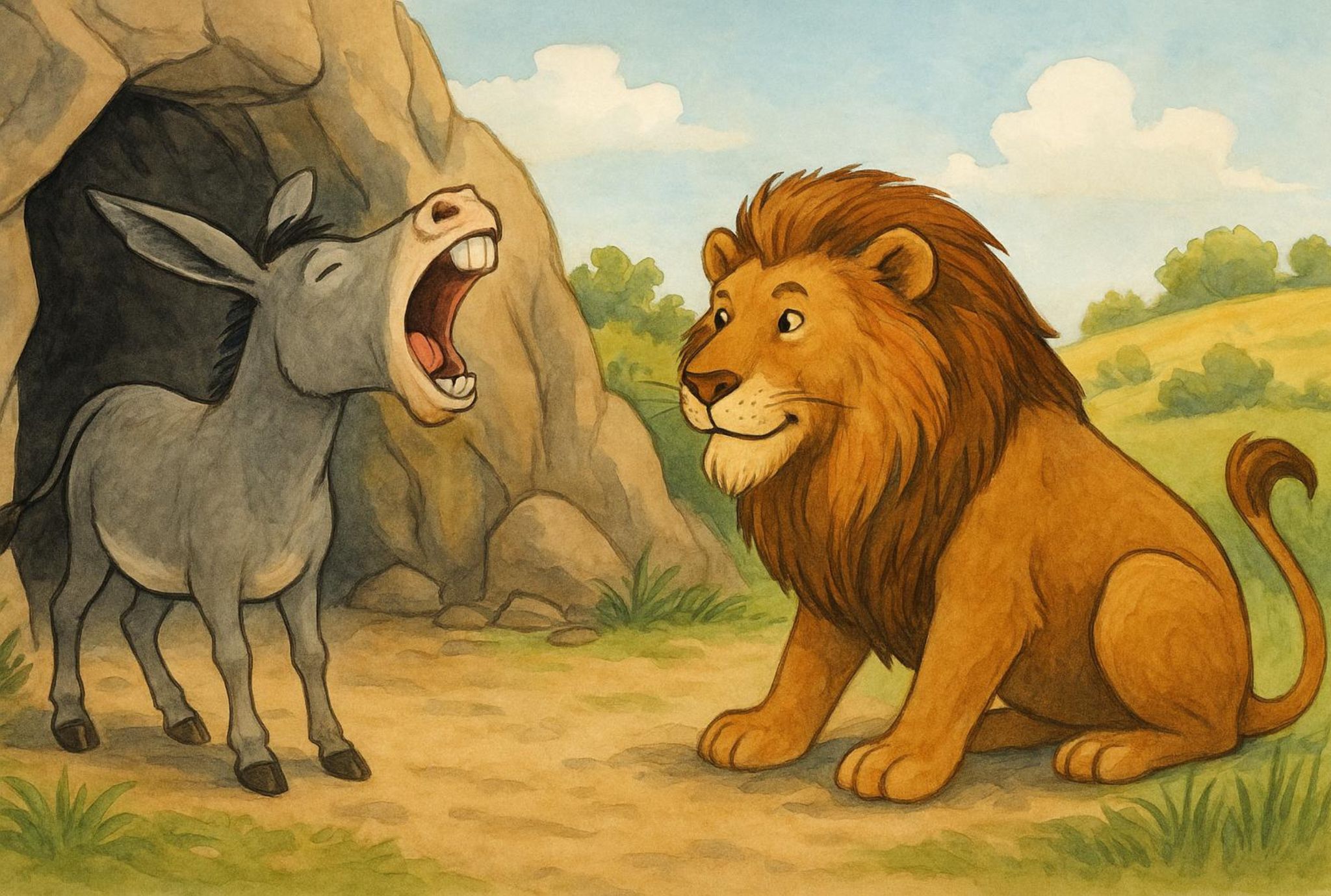 Fábula de Esopo para niños: El asno y el león presuntuoso